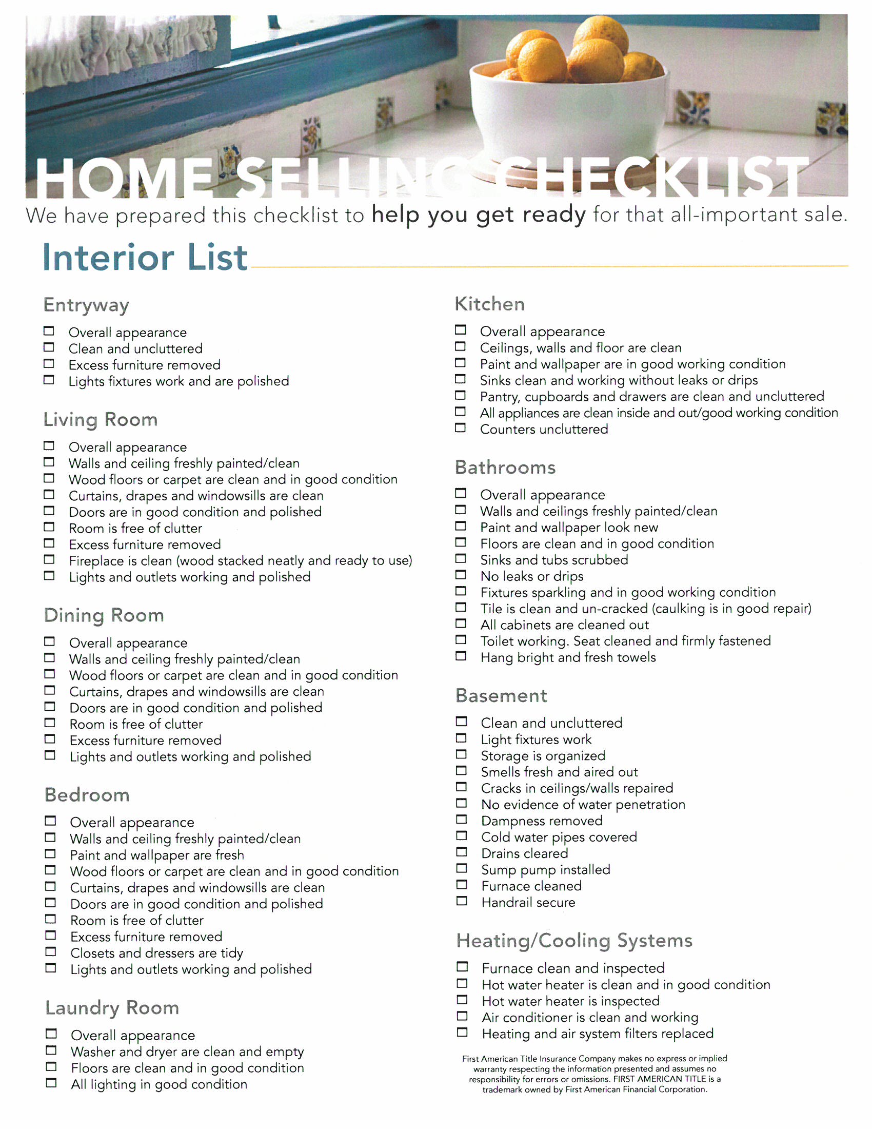 Printable New House Checklist Printable New House Checklist