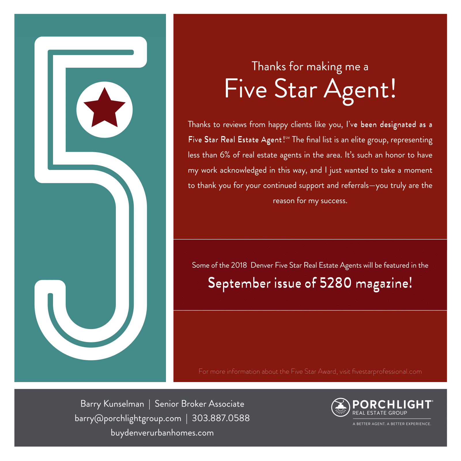 Six in a Row: Barry Kunselman Named 2018 Denver Five Star Real Estate Agent