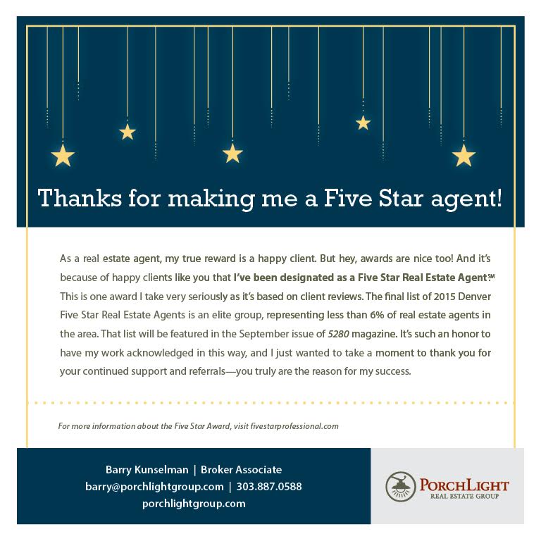 Barry Kunselman Wins 2015 Five Star Real Estate Agents Award