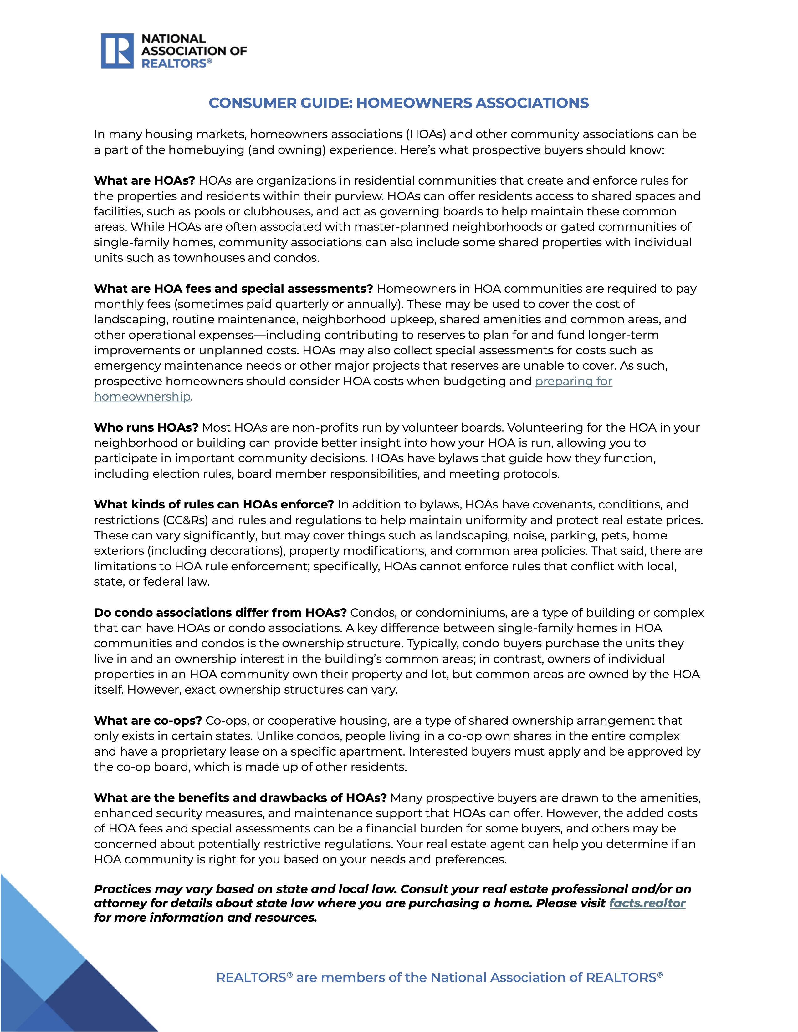 Consumer Guide: Homeowners Associations