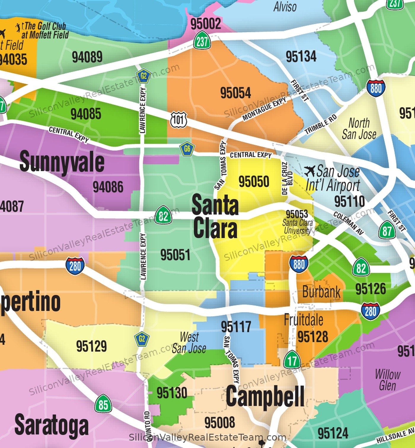 Santa Clara Zip Codes Map | Postal Codes 95050. 95051, 95054