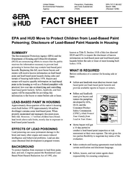 Lead Based Paint Disclosure Fact Sheet